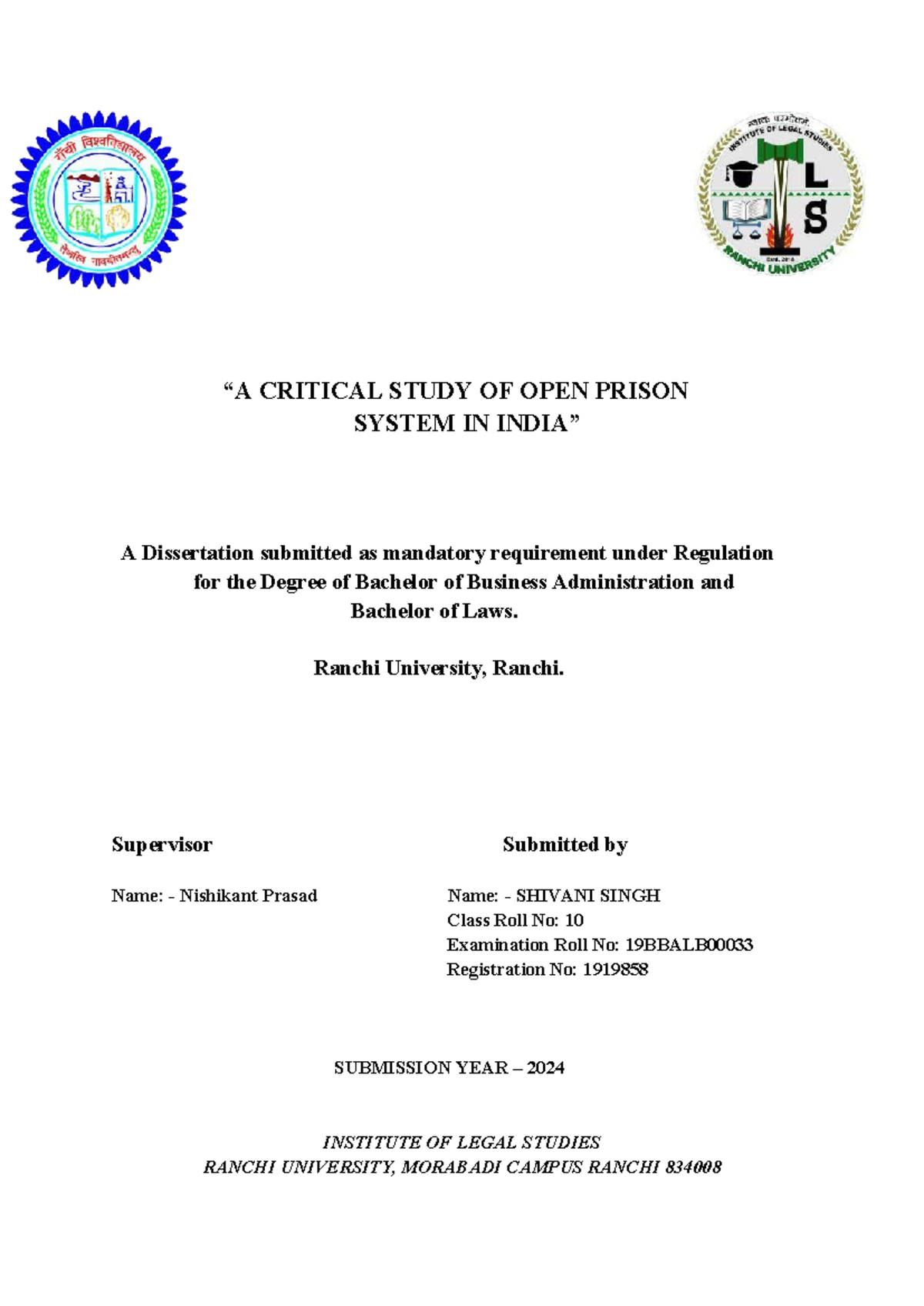Shivani ranjannnnn - wwwwwwwwwwww - “A CRITICAL STUDY OF OPEN PRISON SYSTEM IN INDIA” A ...