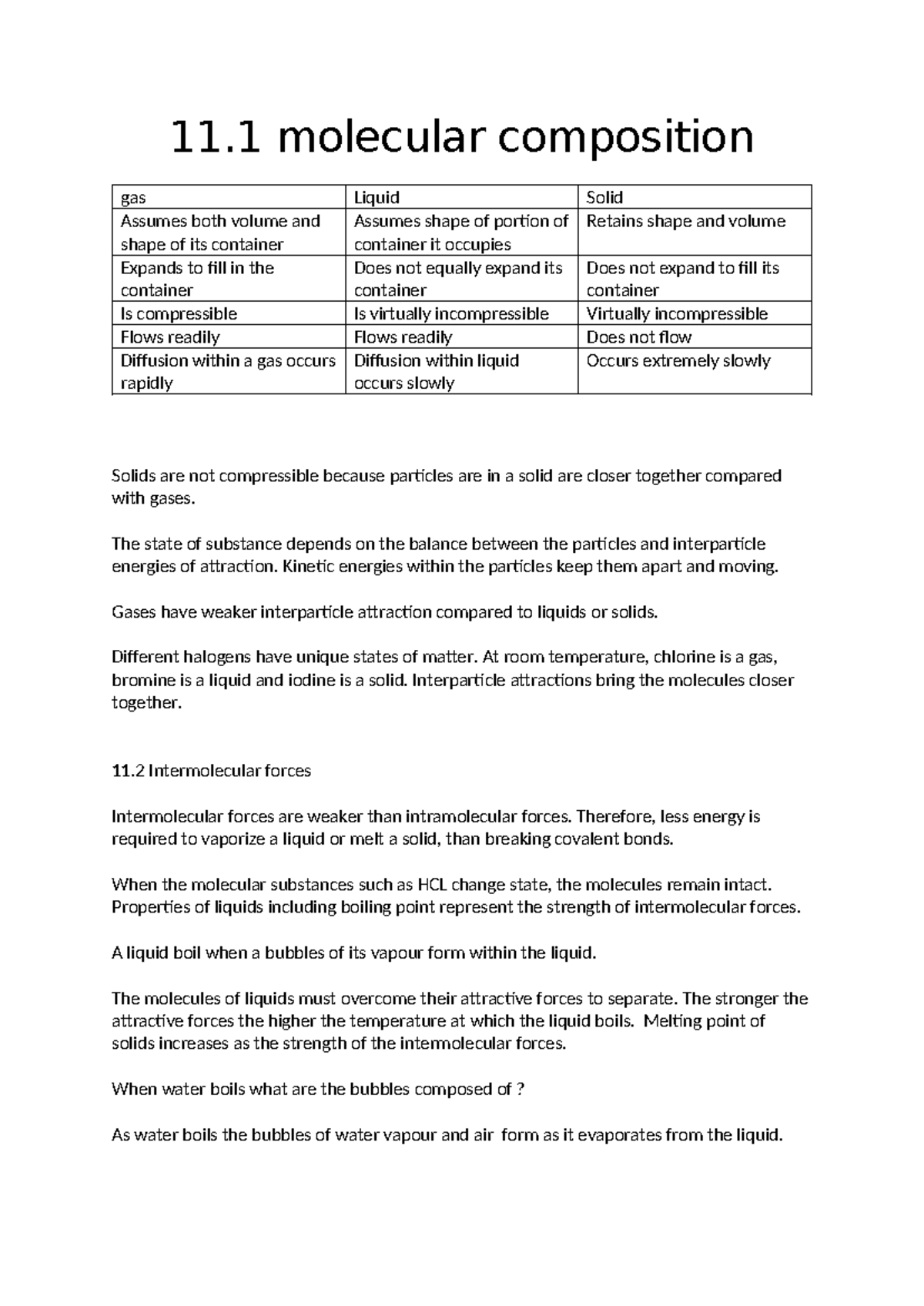 Intermolecular forces unit 11 - 11 molecular composition gas Liquid ...
