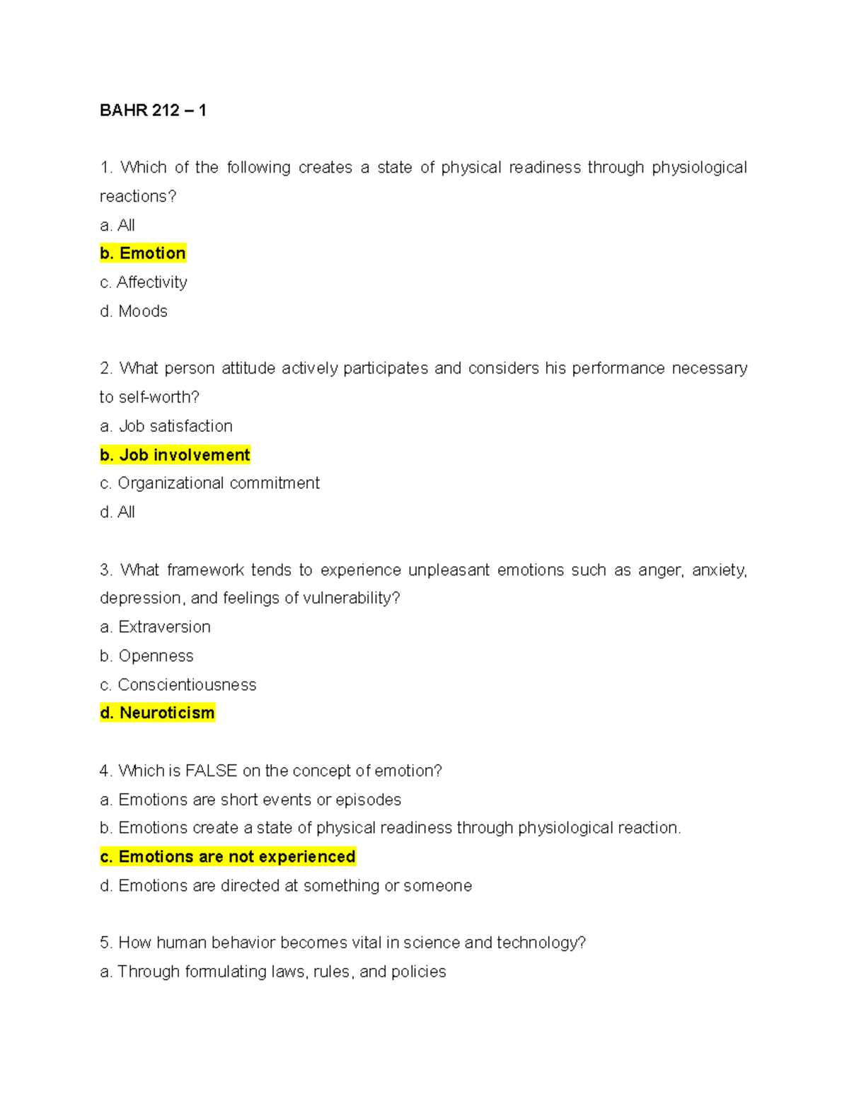 Human Behavior IN Organization - Prelims PART 1 - BAHR 212 – 1 Which of ...