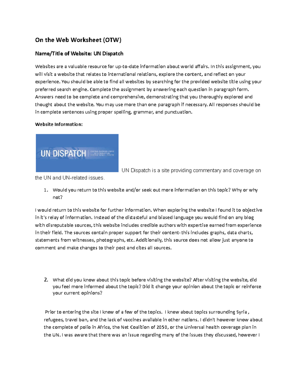 OTW UN DISPATCH - On the Web Worksheet (OTW) Name/Title of Website: UN ...