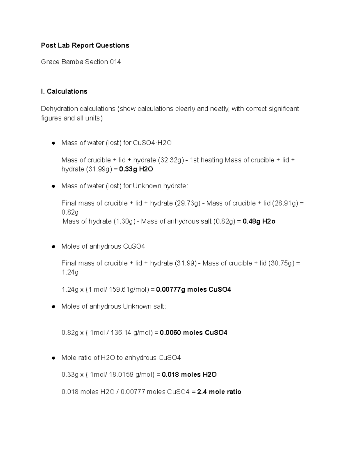 Post Lab report 7 - Post Lab Report Questions Grace Bamba Section 014 I. Calculations ...