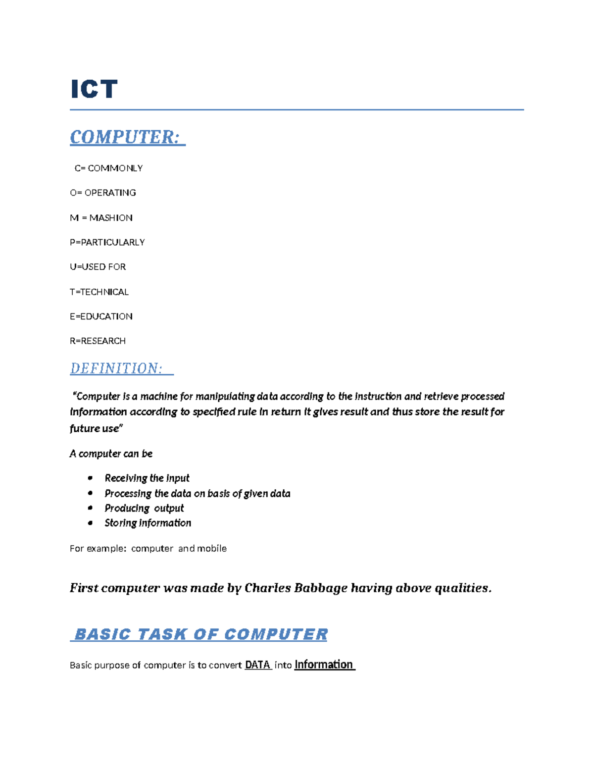 ICT - ICT COMPUTER: C= COMMONLY O= OPERATING M = MASHION P=PARTICULARLY ...