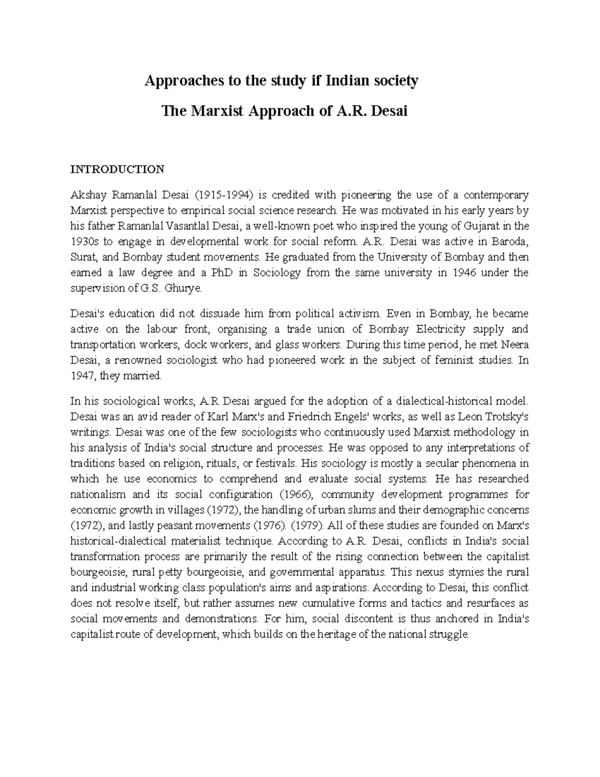 Approaches to the study if Indian society The Marxist Approach of A.R ...