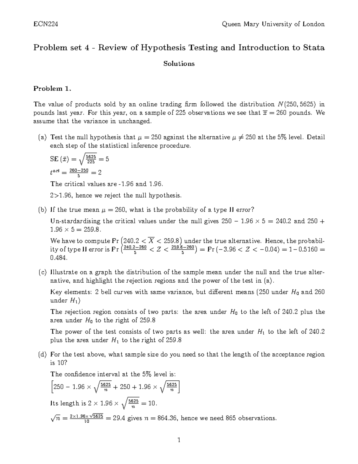 PS4 solutions econometrics - ECN224 Queen Mary University of London Problem set 4 - Review of ...