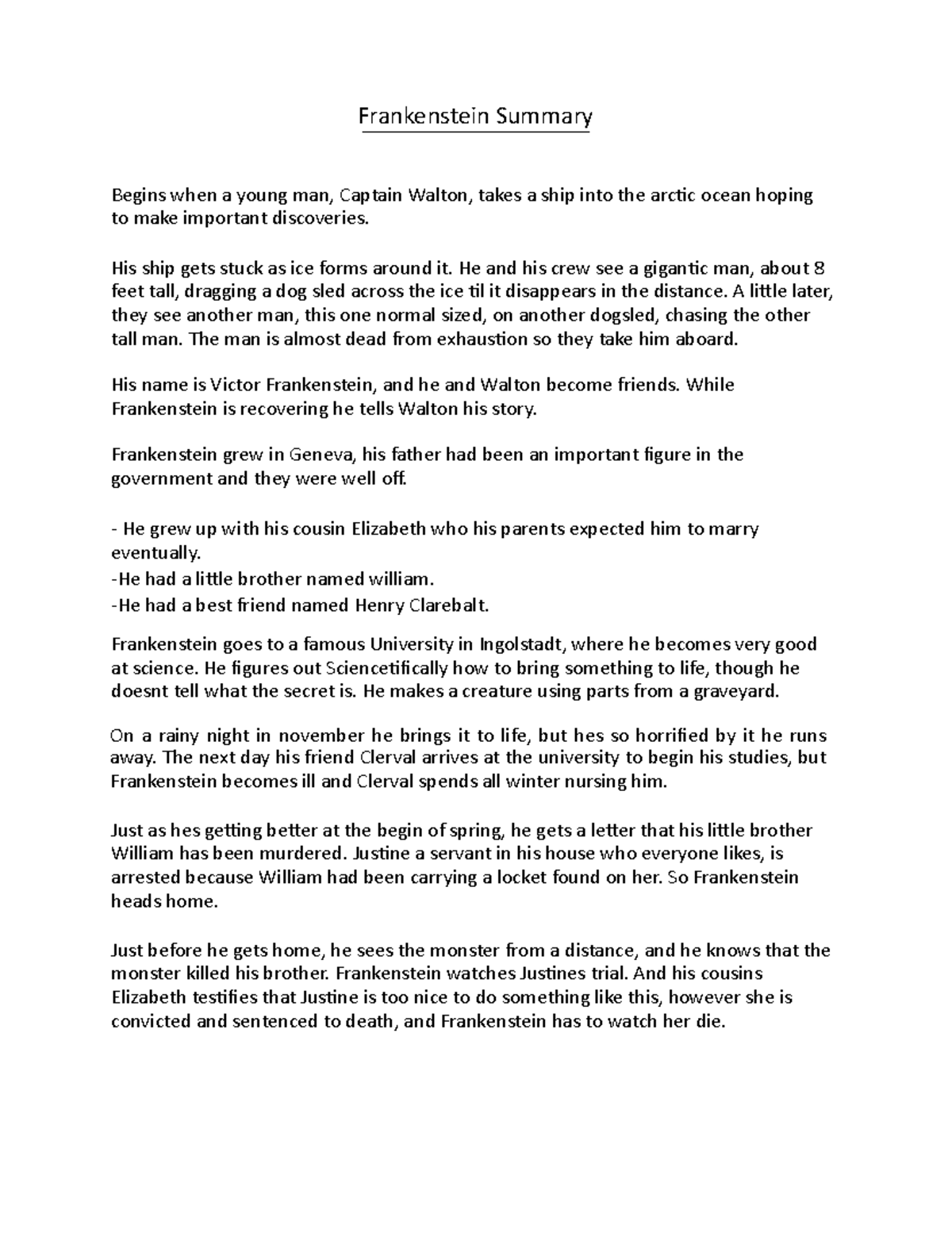 frankenstein mary shelley - Frankenstein Summary Begins when a young ...