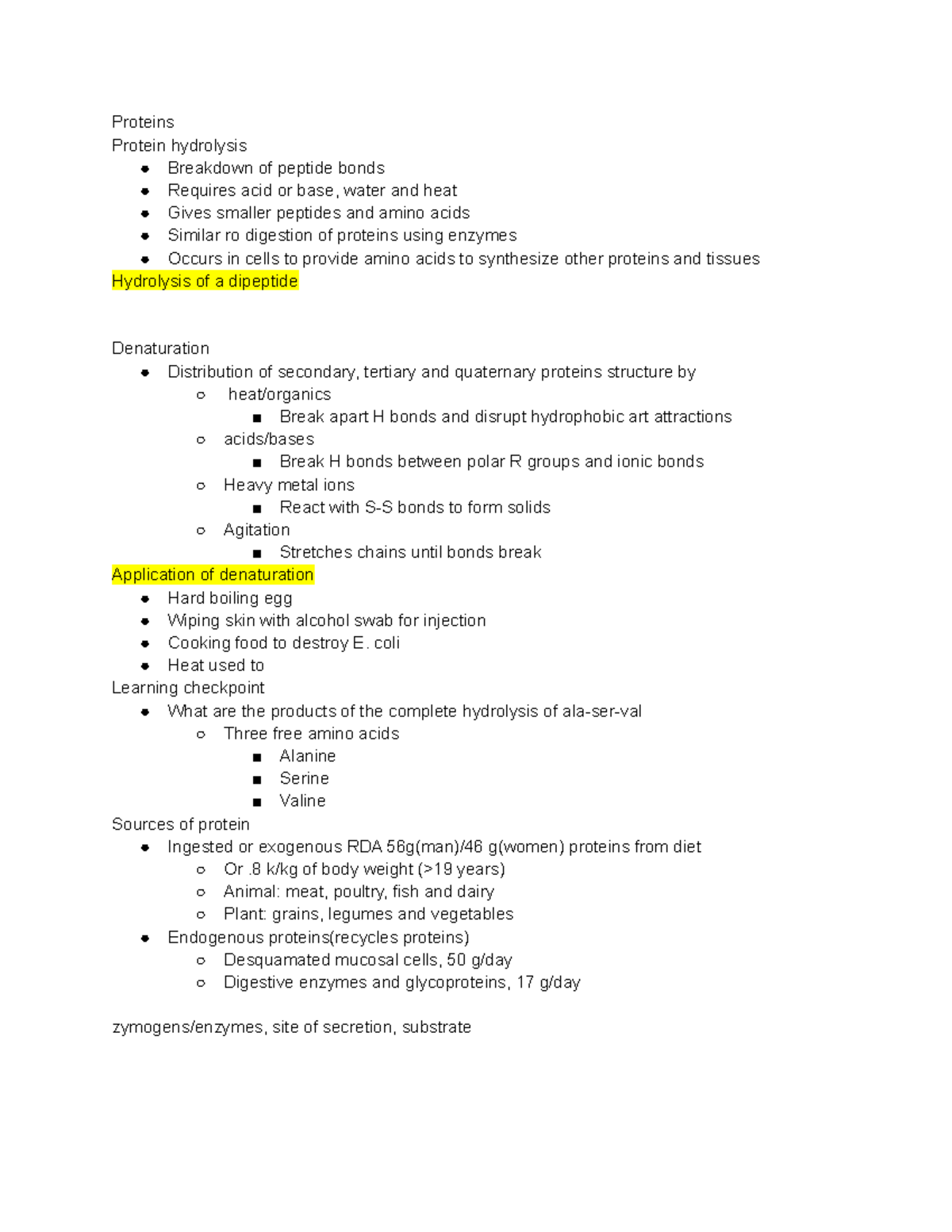 Macro exam 4 - exam 4 notes - Proteins Protein hydrolysis Breakdown of ...