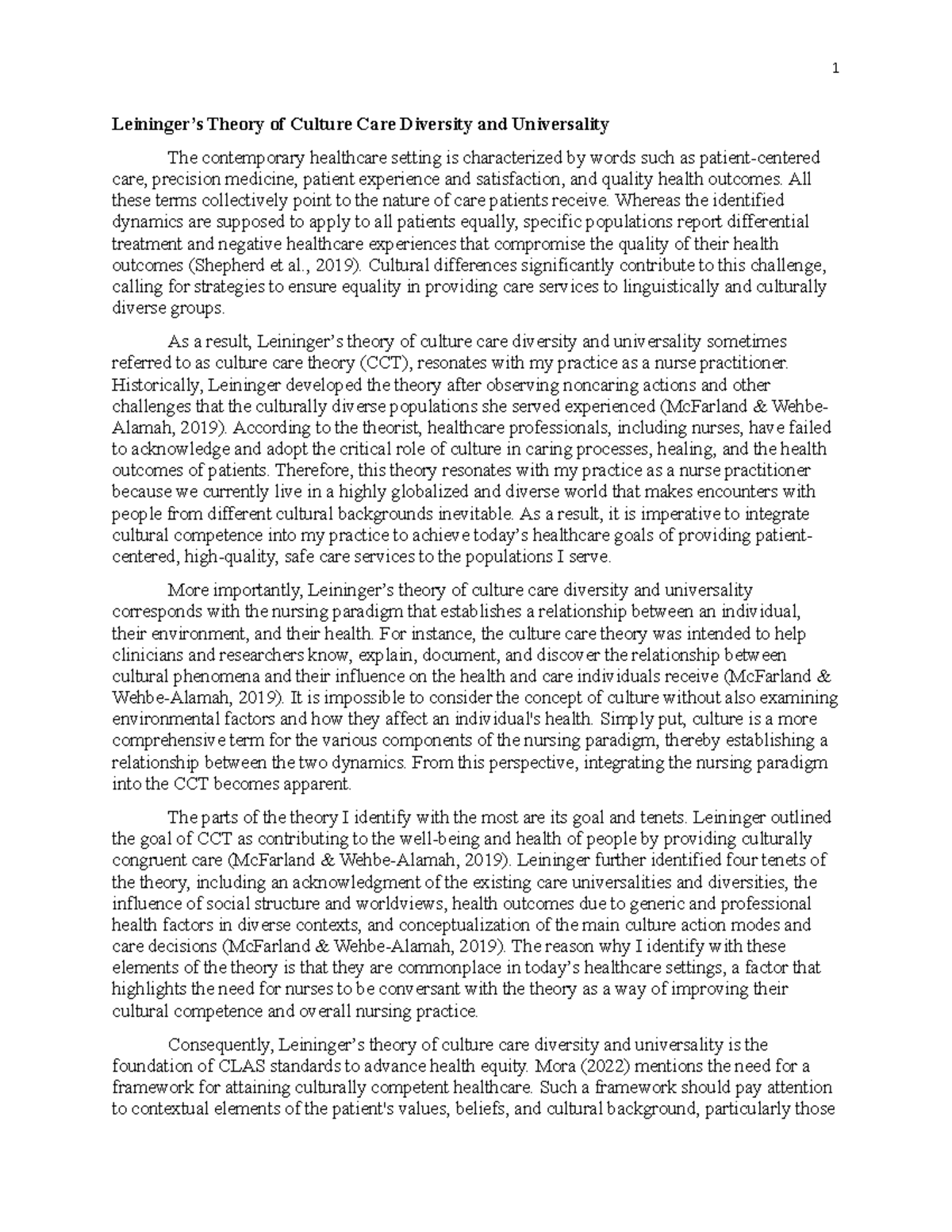 Week 6 culture-and-caring-theory - 1 Leininger’s Theory of Culture Care ...