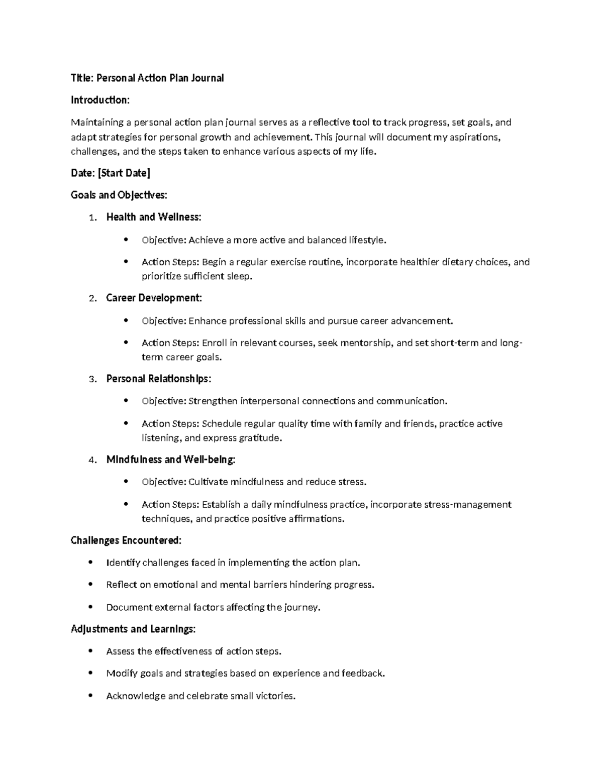 Personal Action Plan Journal - Title: Personal Action Plan Journal ...