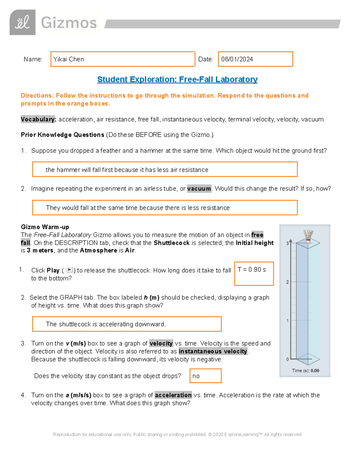 Free Fall Lab - Free Fall Lab - Name: Yikai Chen Date: 06/01/ Student ...
