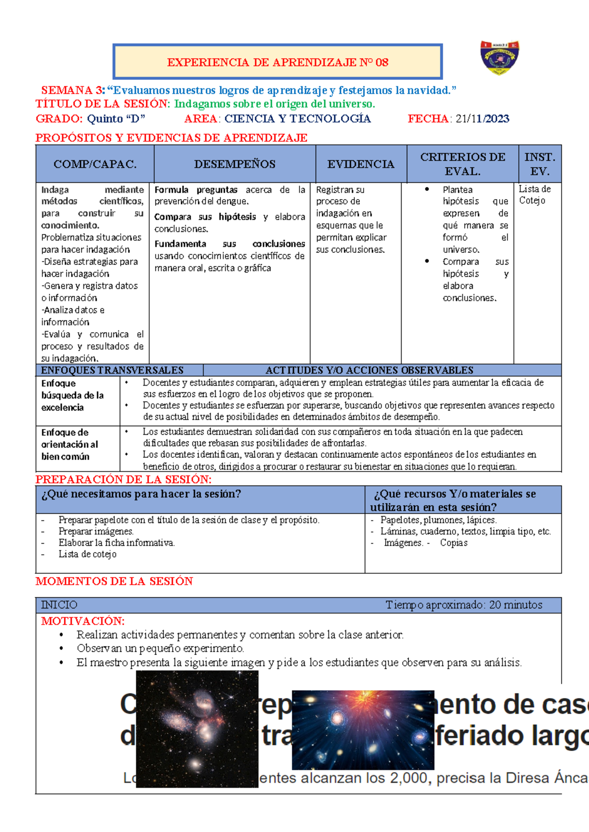 Sesion Ciencia Y TEC.- 22- 11 - ####### EXPERIENCIA DE APRENDIZAJE N° 08 SEMANA 3:“Evaluamos ...