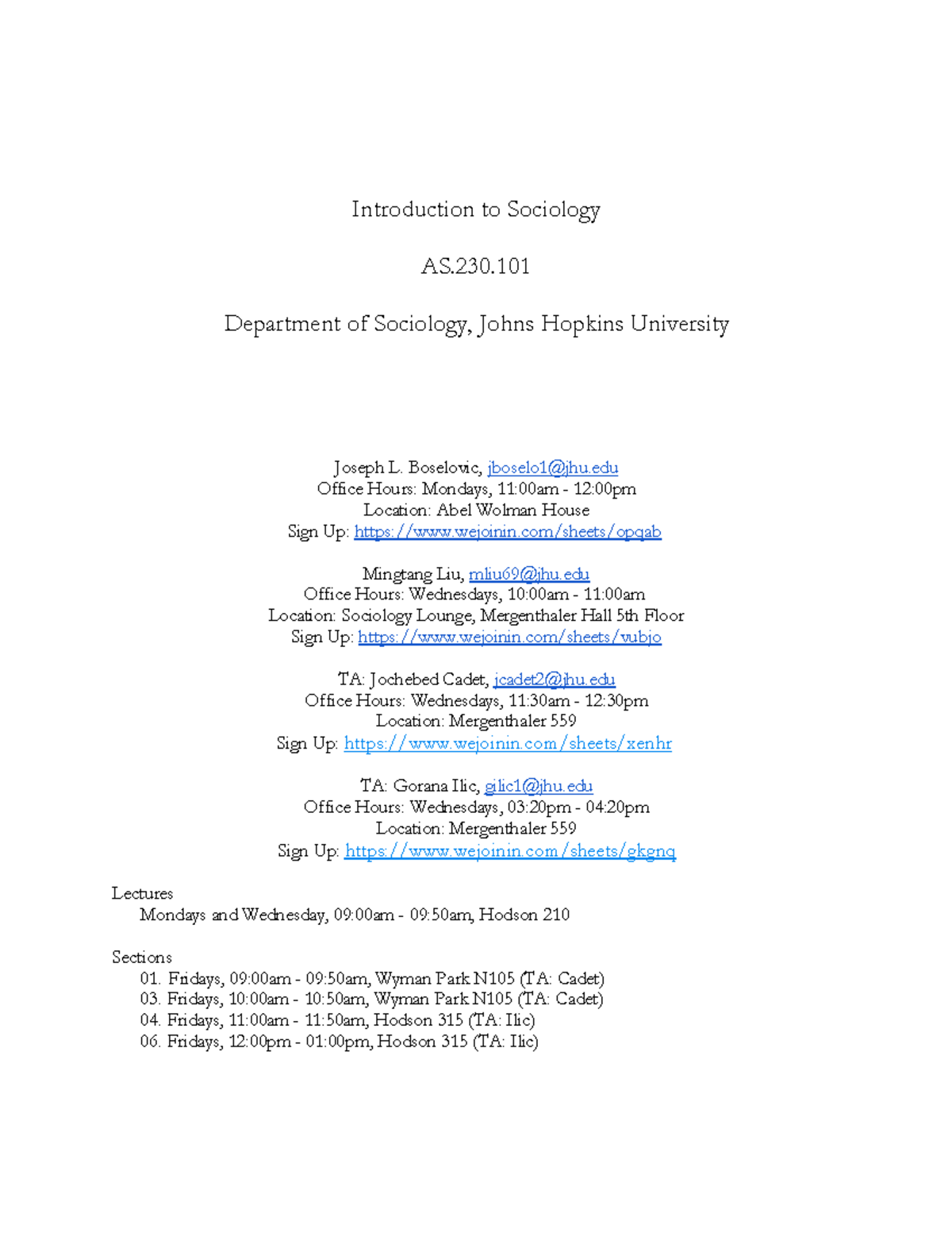 Syllabus Spring 24 (2024 - Introduction to Sociology AS. Department of ...