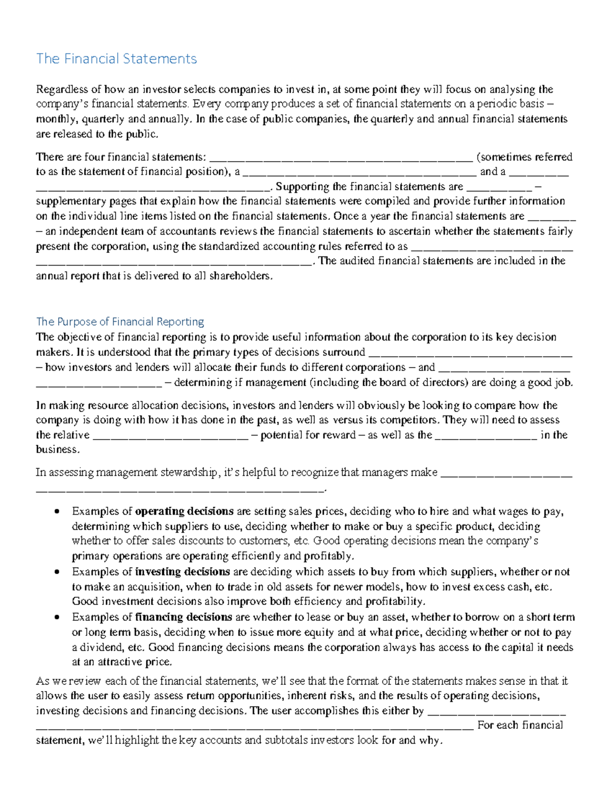 COMM 101 Lecture Unit 5 Financial Statement Analysis (blanks) - The ...