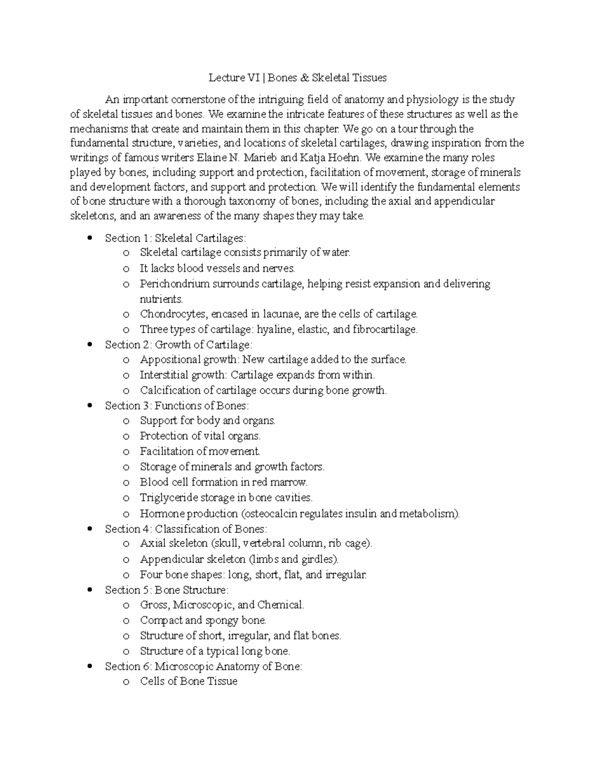 Lecture Vi Summary Chapter Summaries Lecture Vi Bones And Skeletal Tissues An Important