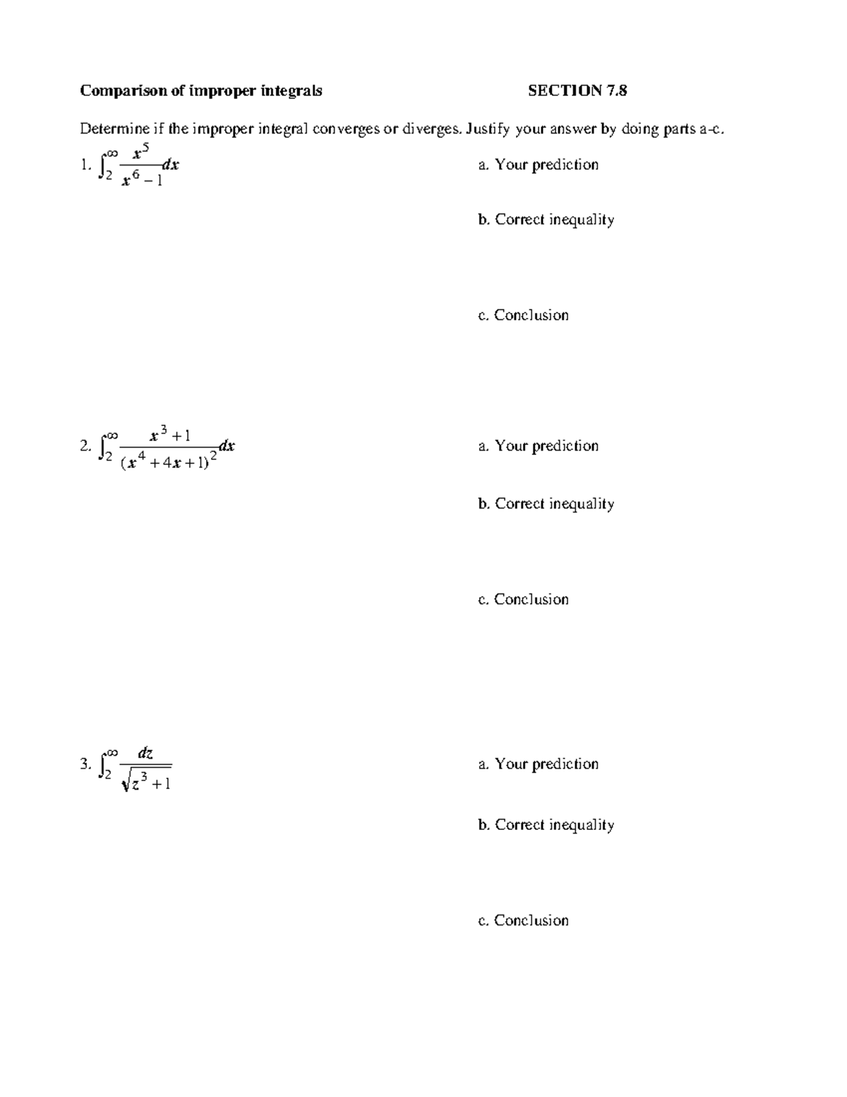 Ch7 improper integrals by comparison 1 - Comparison of improper integrals SECTION 7 Determine if ...