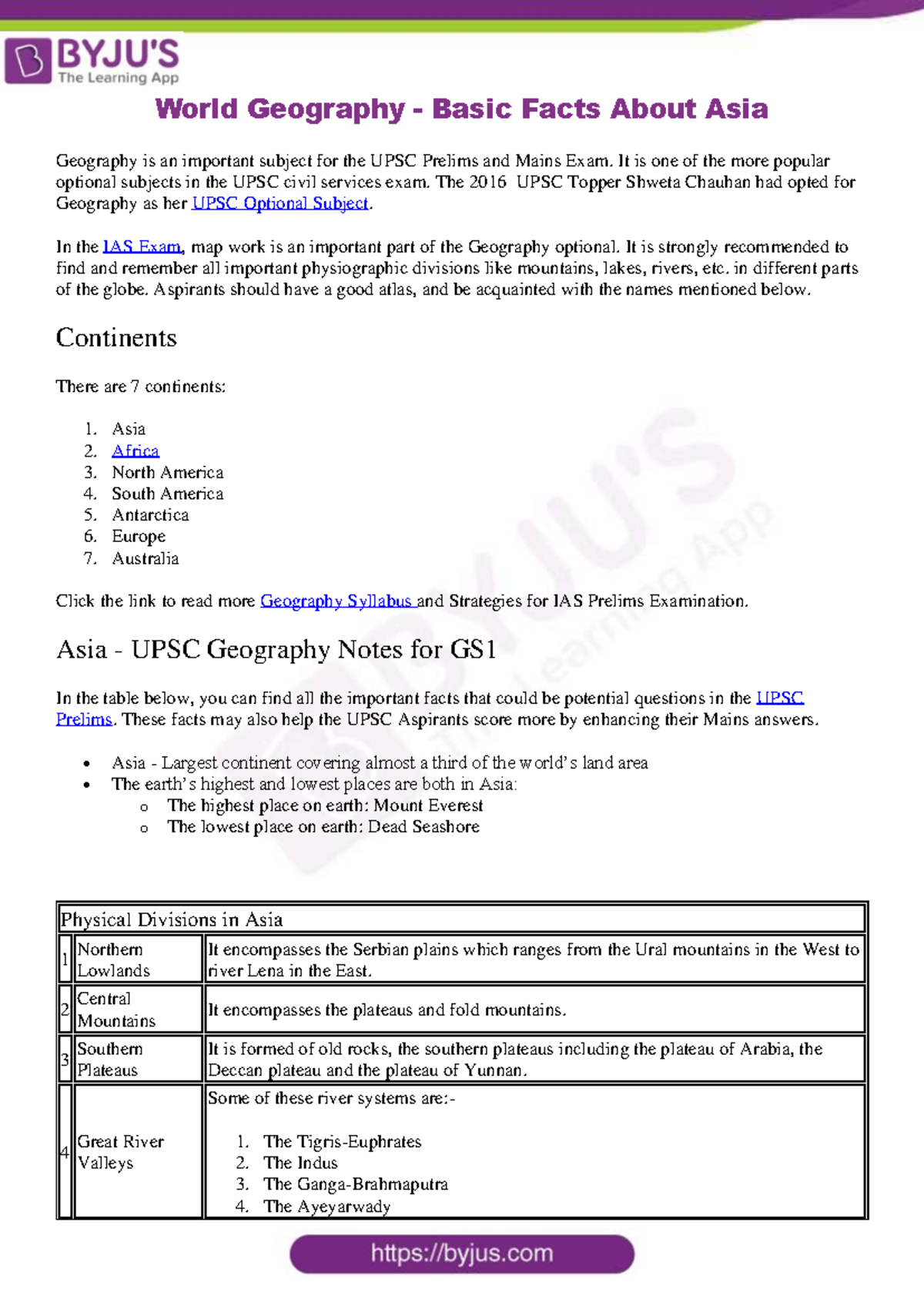 World Geography Asia Facts UPSC - World Geography - Basic Facts About ...
