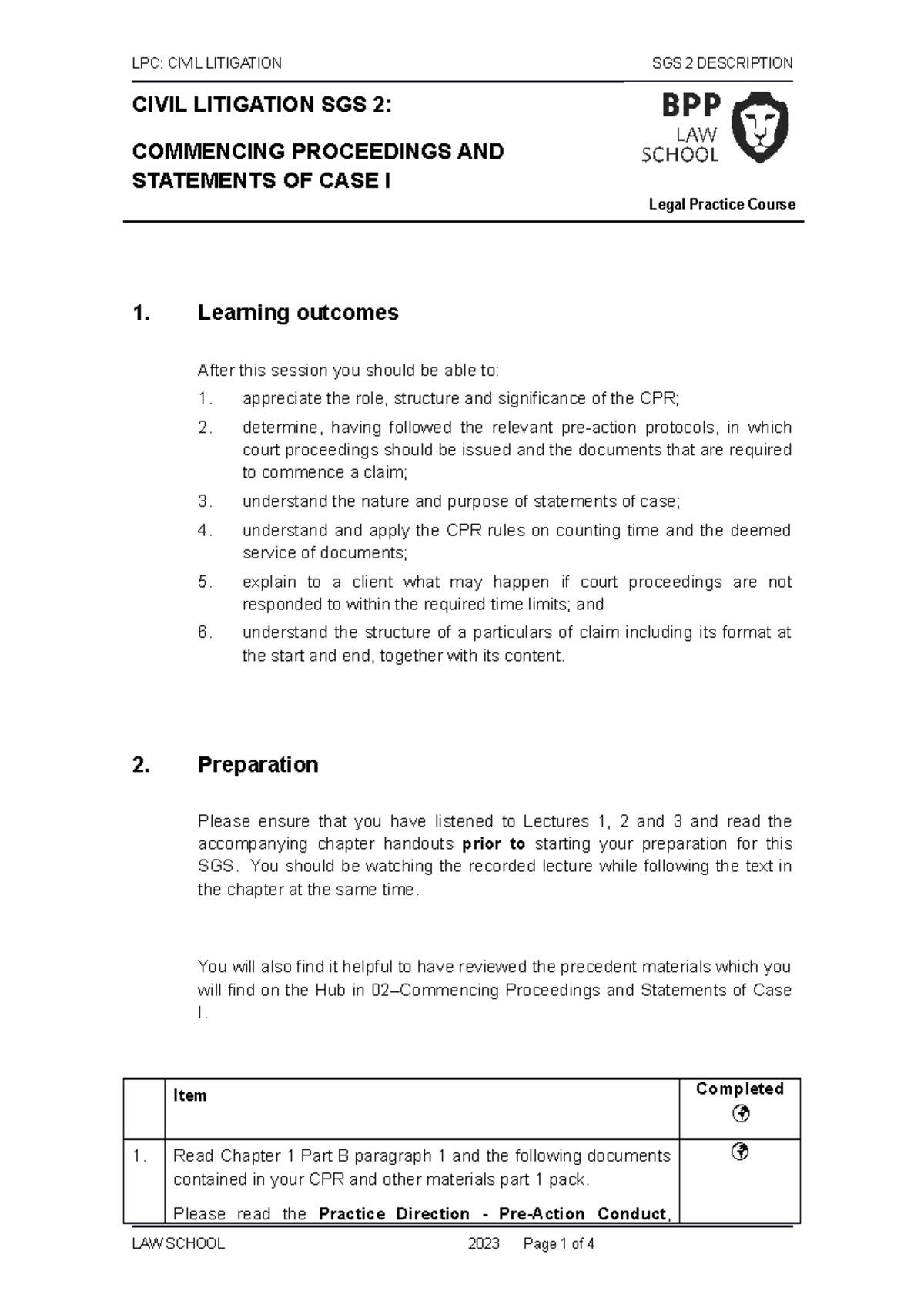 Civil Litigation SGS 2 Description - LPC: CIVIL LITIGATION SGS 2 DESCRIPTION CIVIL LITIGATION ...