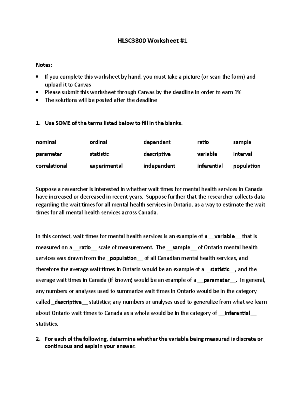 Worksheet 1 - (solutions) - HLSC3800 Worksheet Notes: If you complete ...
