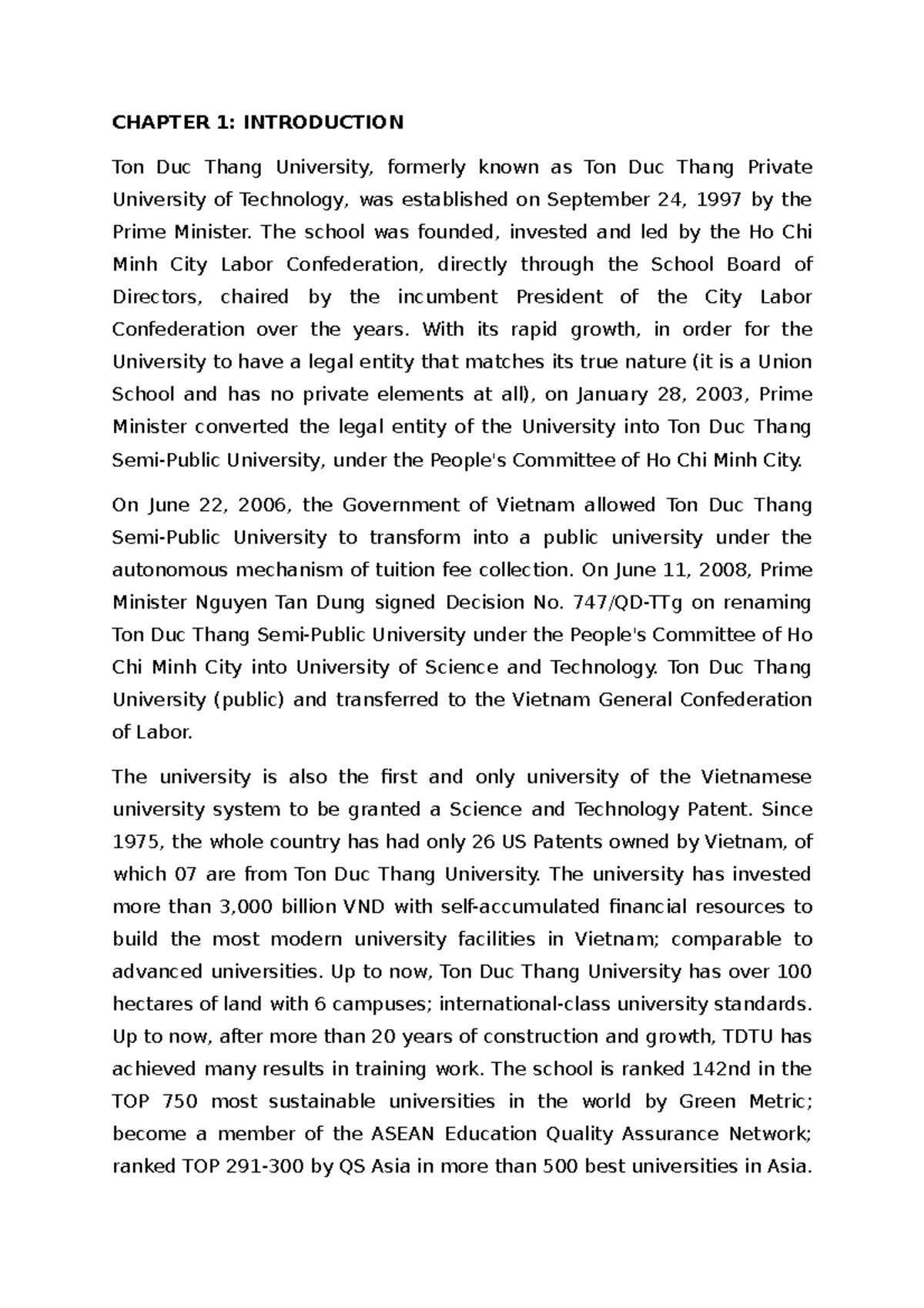 Final QTTD - aaaaaaaaa - CHAPTER 1: INTRODUCTION Ton Duc Thang University, formerly known as Ton ...
