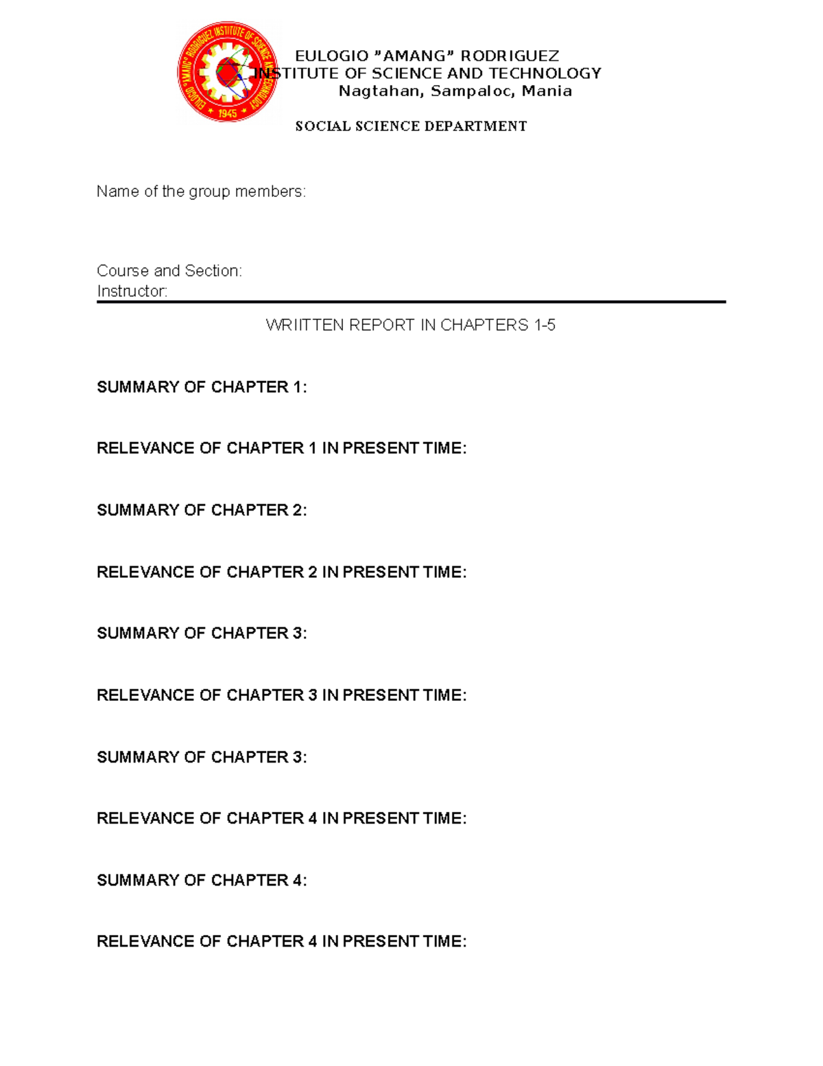Wriiten Report Sample ( Rizal - INSTITUTE OF SCIENCE AND ...