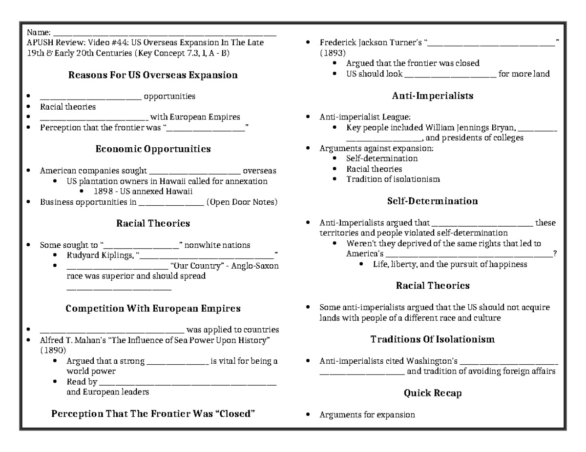 Apush Review Video 44 US Overseas Expansion In The Late 19th Early 20th ...