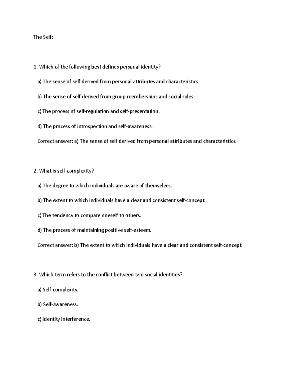 THE SELF MCQ&A - Multiple Choice Questions and Answers - The Self ...
