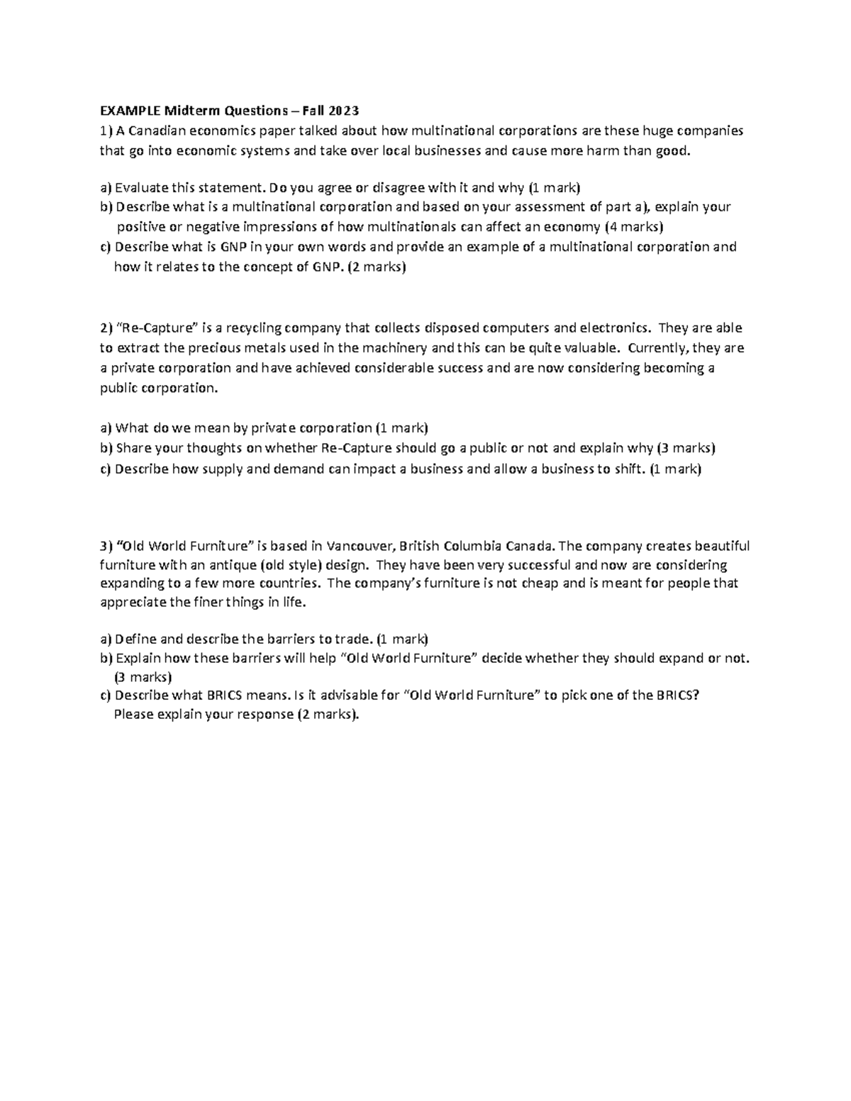 Bus 200 Fall 2023 Example Midterm Questions - EXAMPLE Midterm Questions – Fall 20 23 A Canadian ...