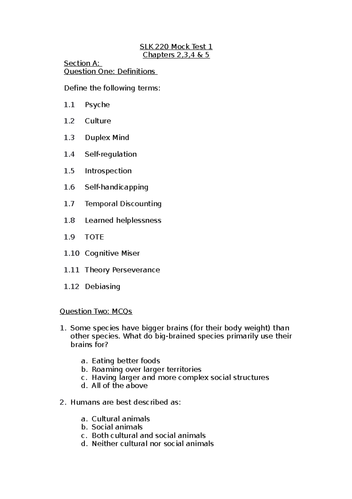 SLK 220 Mock Test 1 Questions - SLK 220 Mock Test 1 Chapters 2,3,4 & 5 ...