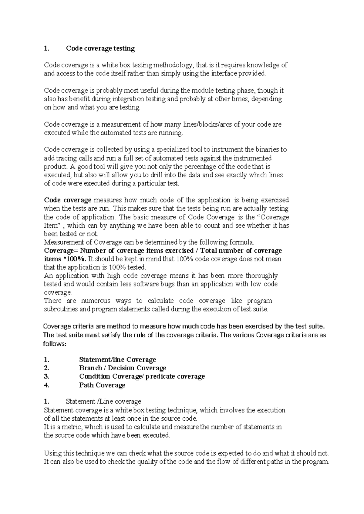 CODE Coverage Testing -LINE OR Statement Coverage - Coverage criteria ...