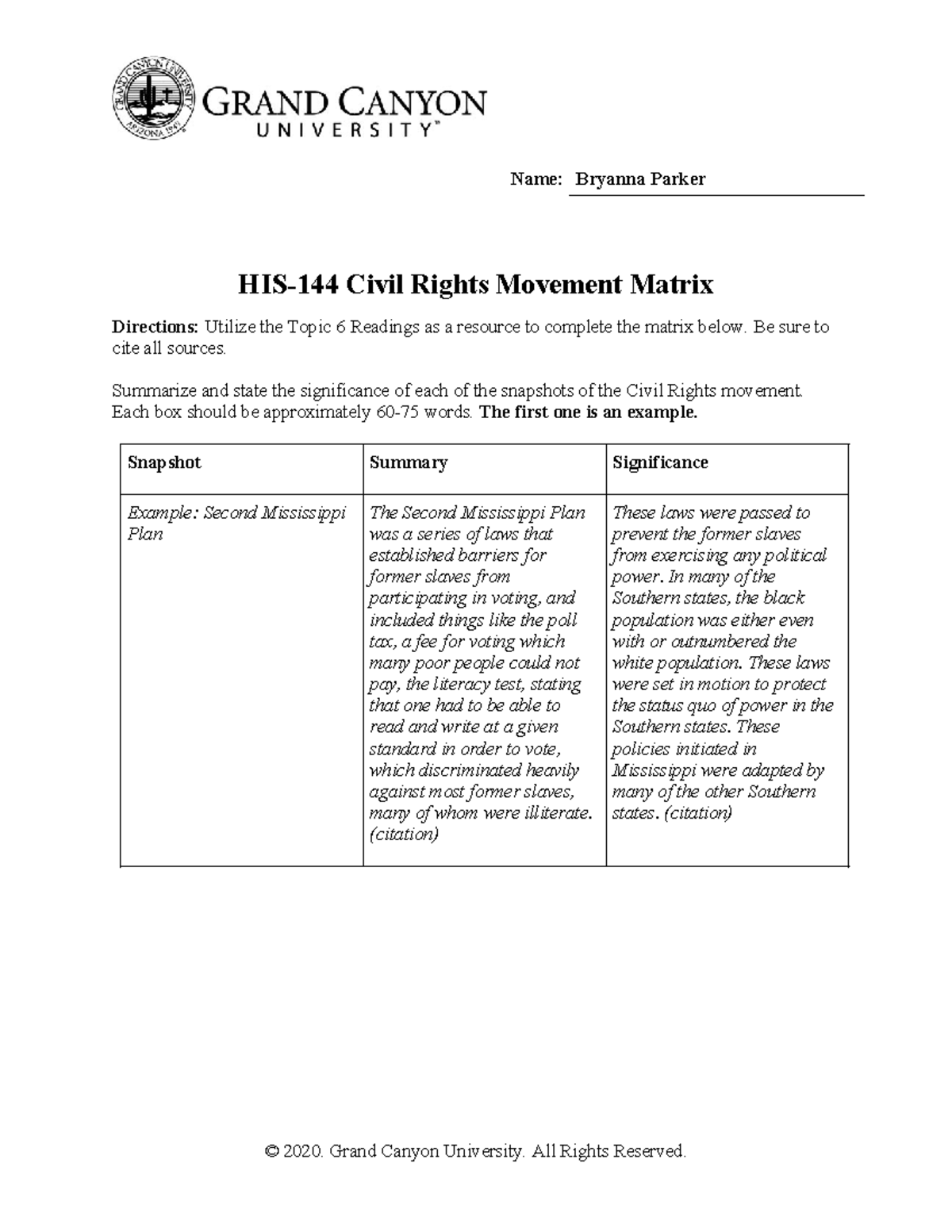 HIS-144-T6 Civil Rights Movement Matrix Online - Name: Bryanna Parker ...