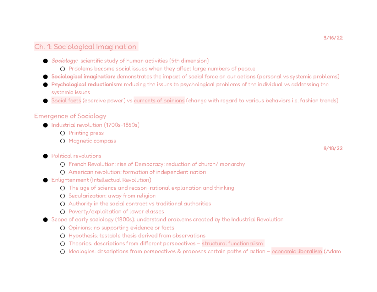 Intro to Sociology Chapter 1 - 8/16/ Ch. 1: Sociological Imagination ...