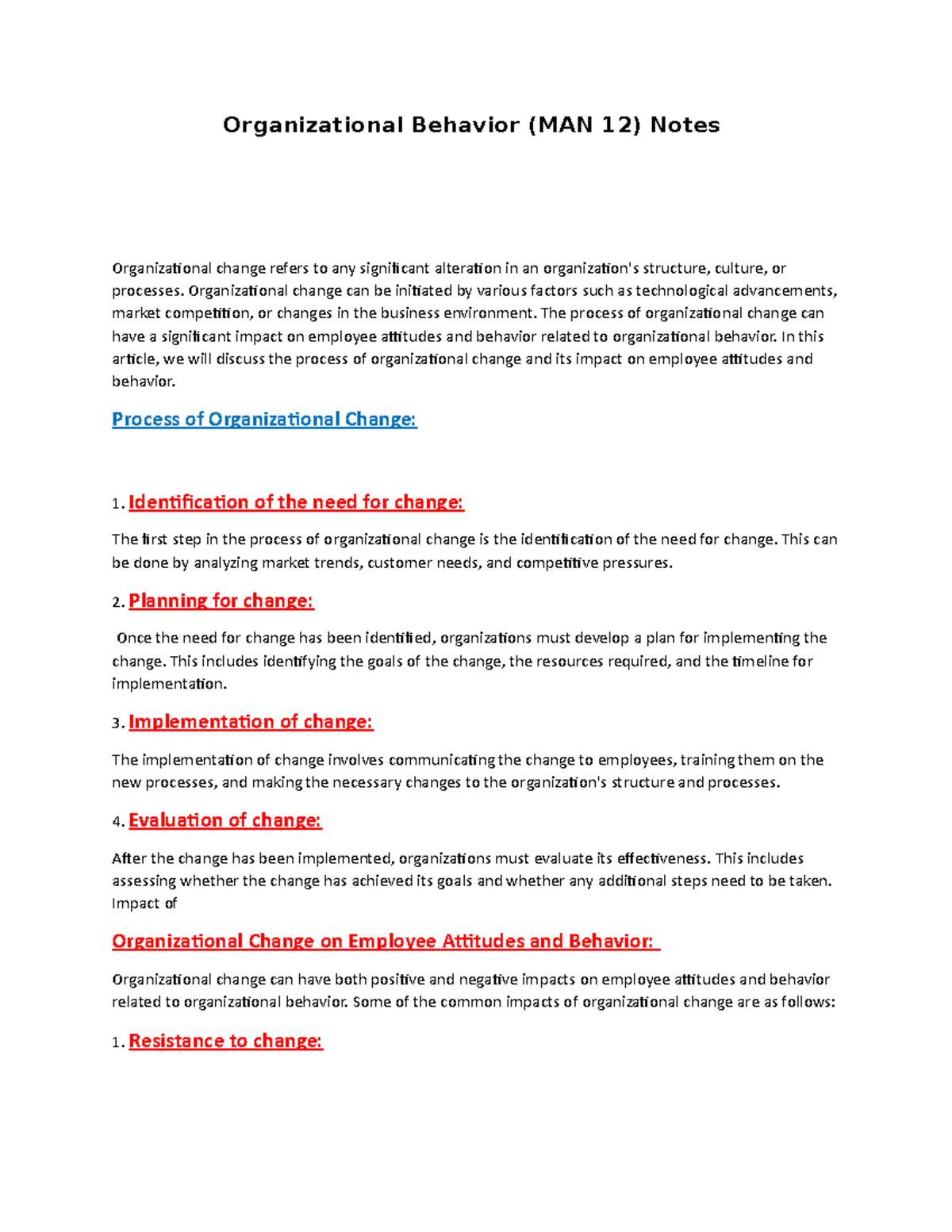 Organizational Behavior (MAN 12) Notes 10 - Organizational Behavior ...
