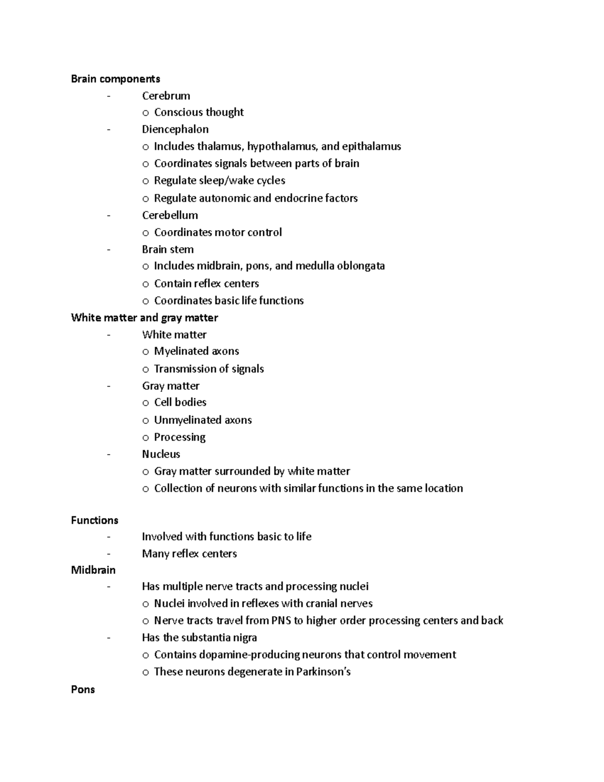 Central nervous system learning objectives - Brain components ...