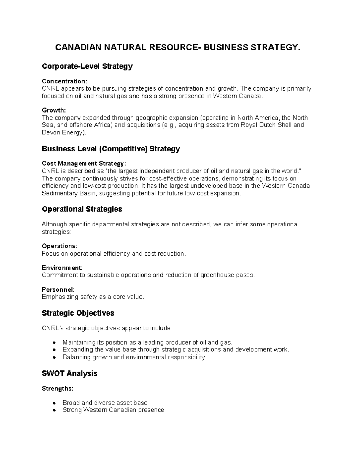 Canadian Natural Resource- Business Strategy - CANADIAN NATURAL ...