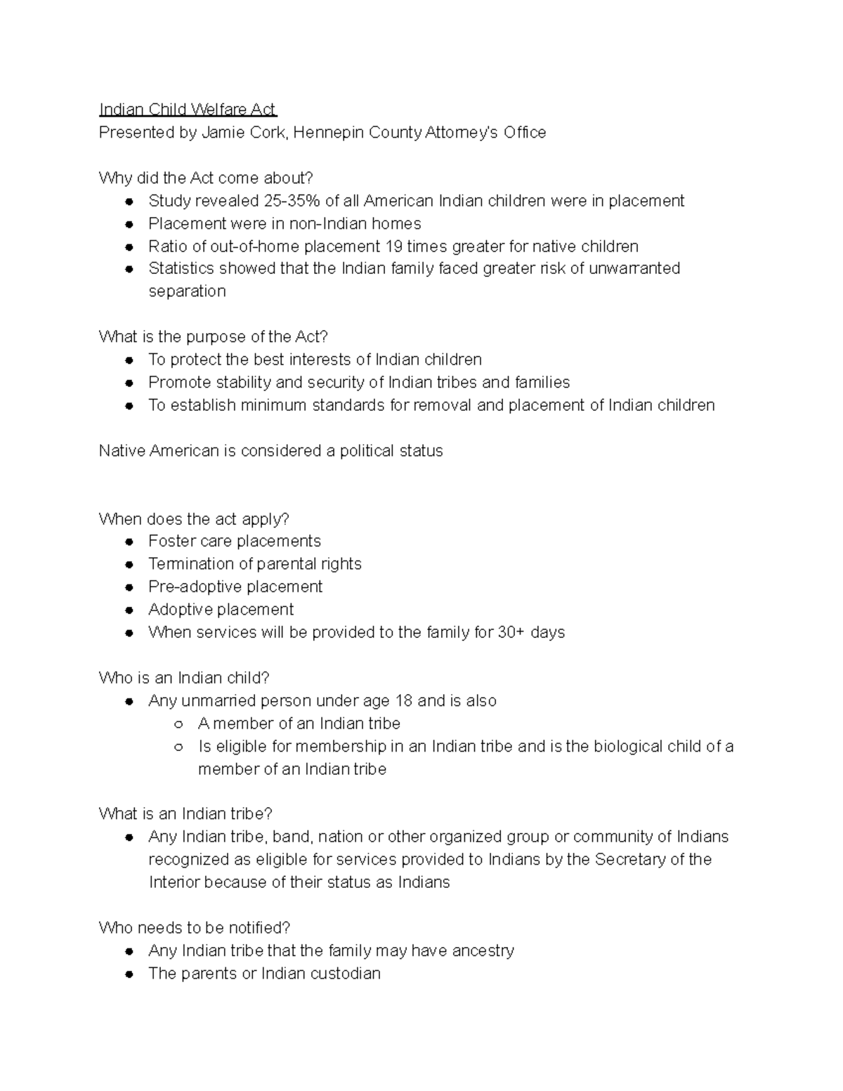 SW3701 Indian Child Welfare Act lecture notes - Indian Child Welfare ...