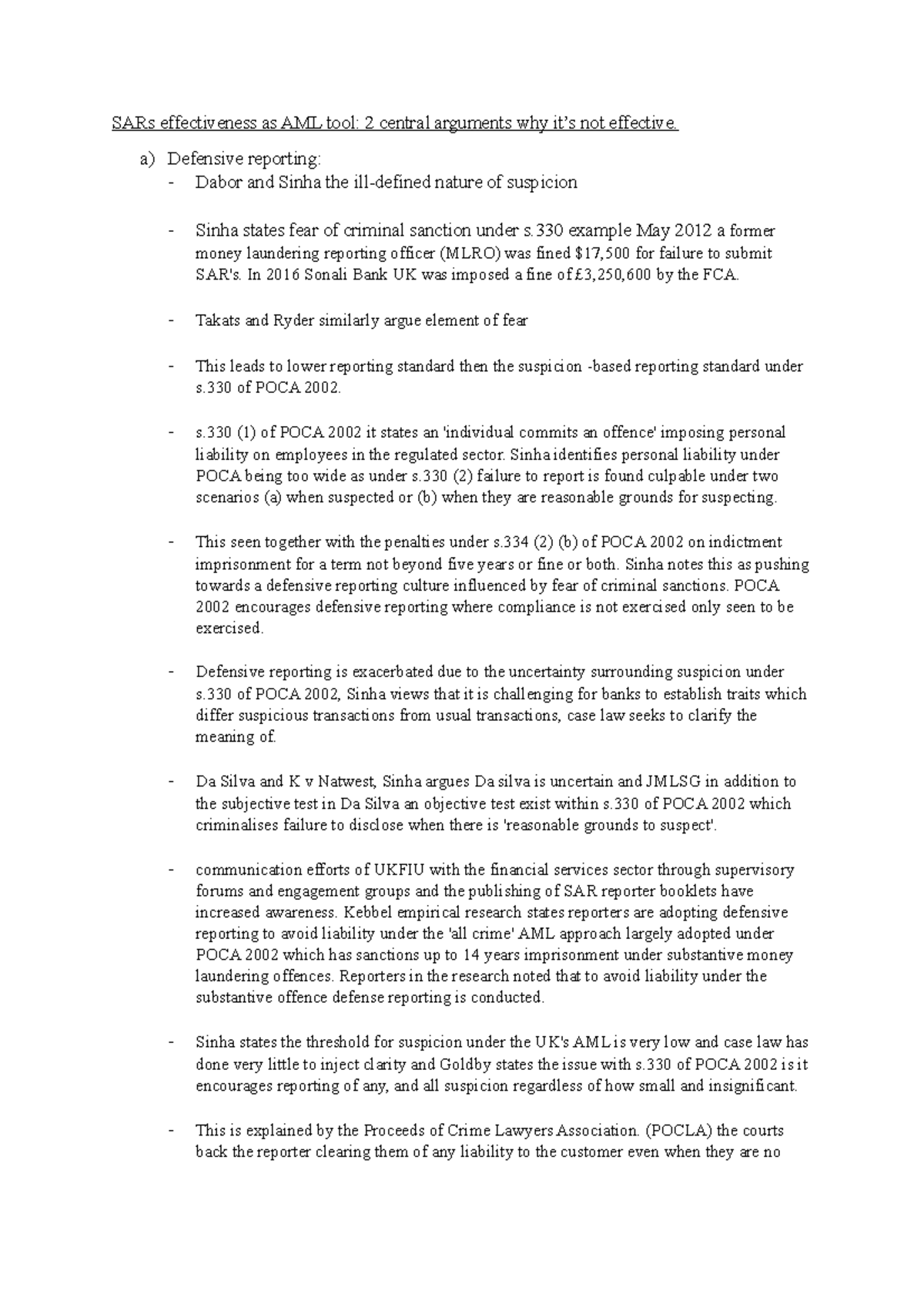 SARs effectiveness as AML tool - a) Defensive reporting: - Dabor and ...