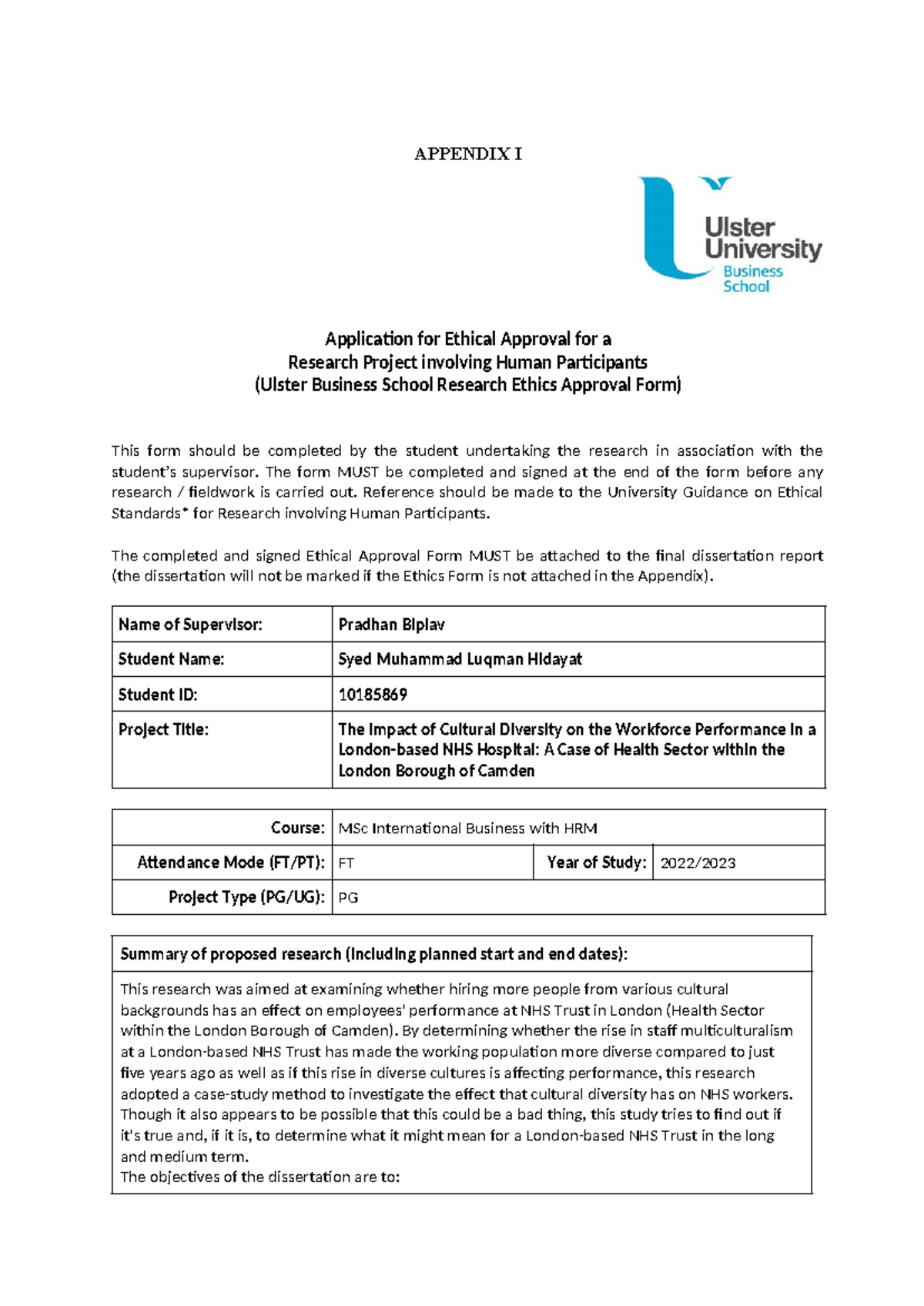 UU Ethical Approval Form (Luqman 2023) - APPENDIX I Application for Ethical Approval for a ...