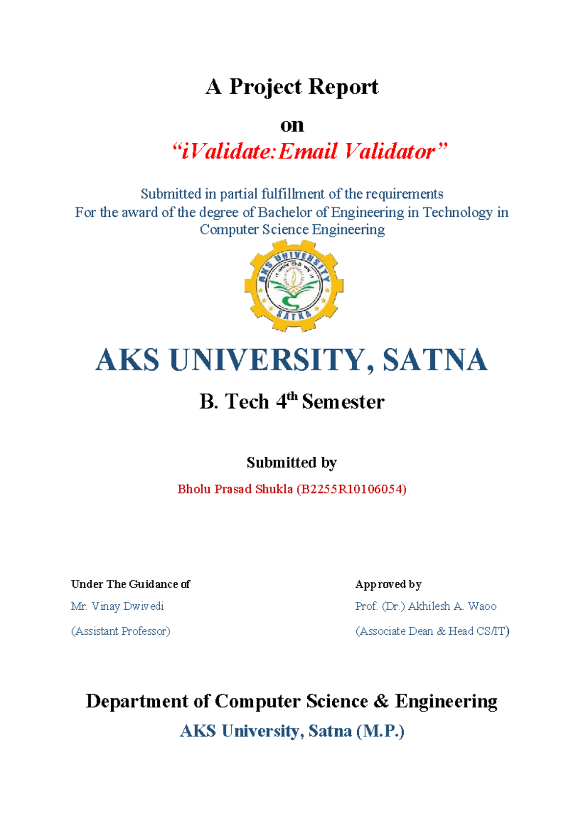 Sample Cover Pages for Project Report CSE - A Project Report on ...