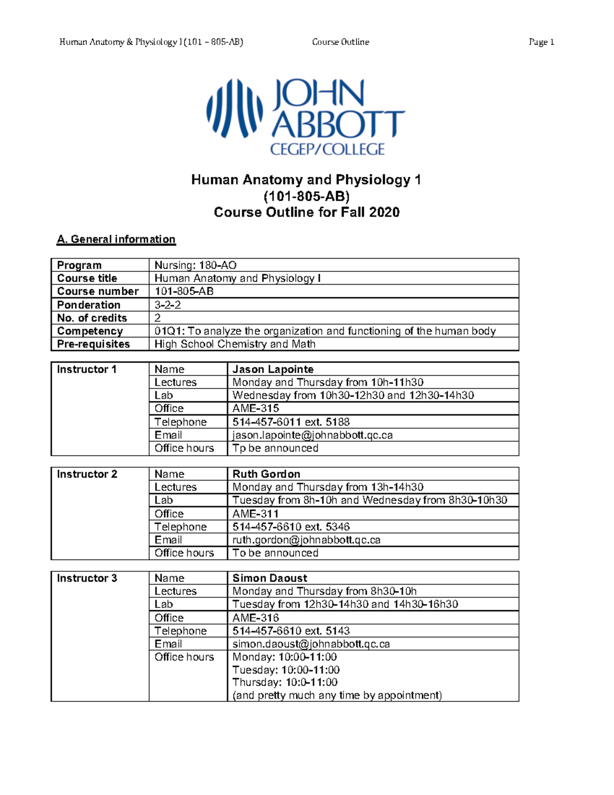 101-805-AB Course - outline - Human Anatomy and Physiology 1 (101-805 ...