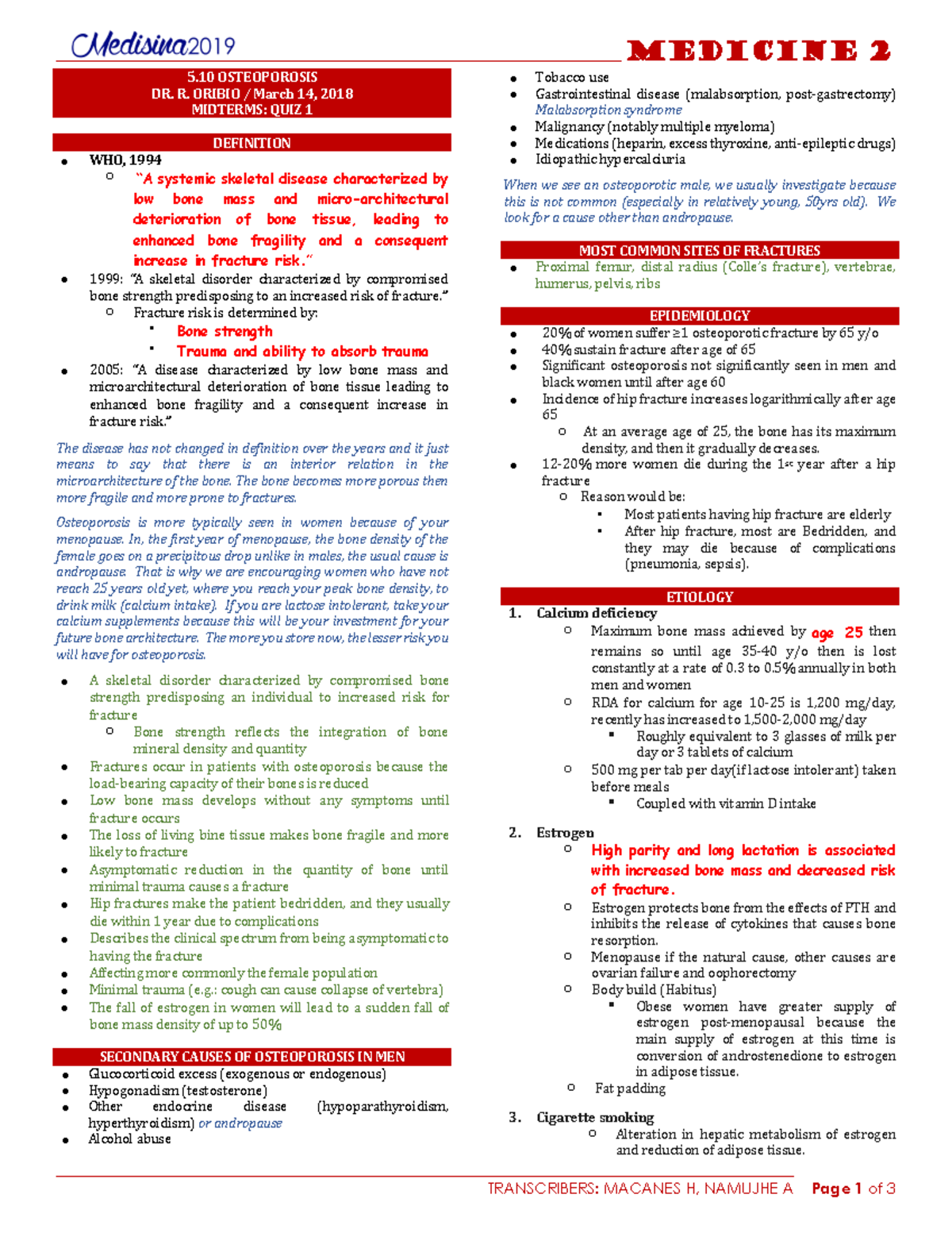 MED2 5.10 Osteoporosis - Dr. R. Oribio - - Studocu