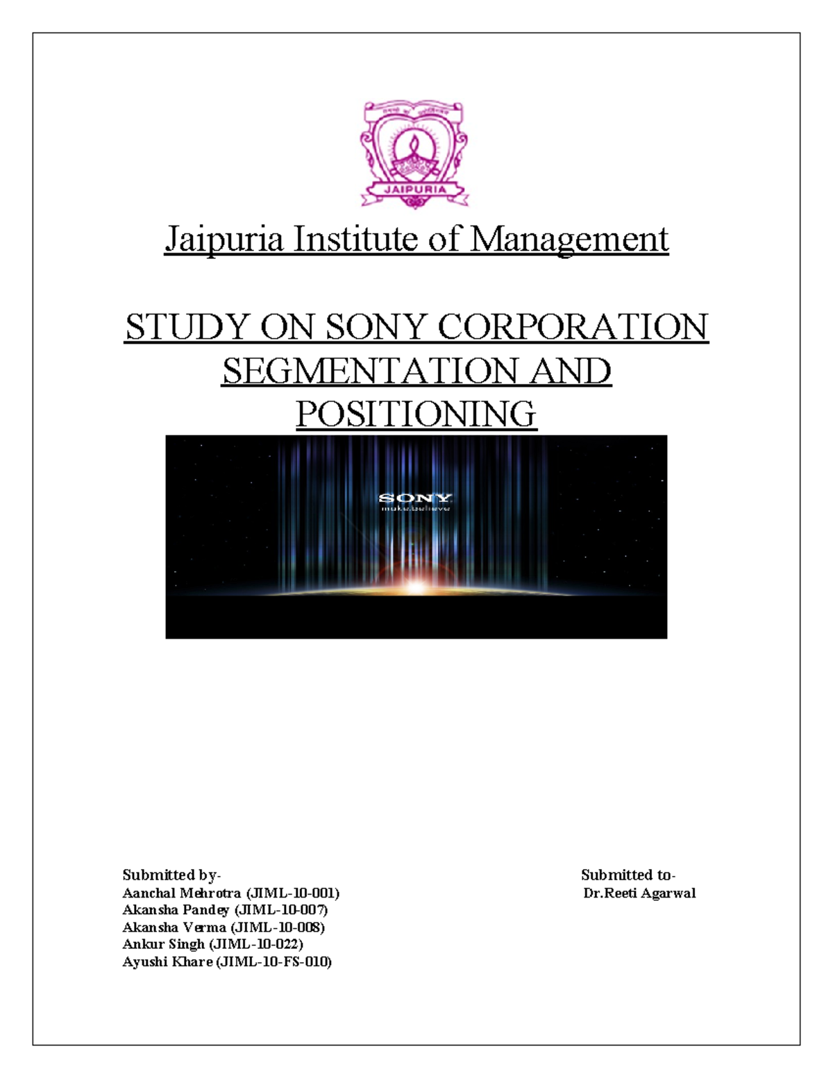 57815949-Marketing-Sony - Jaipuria Institute of Management STUDY ON ...