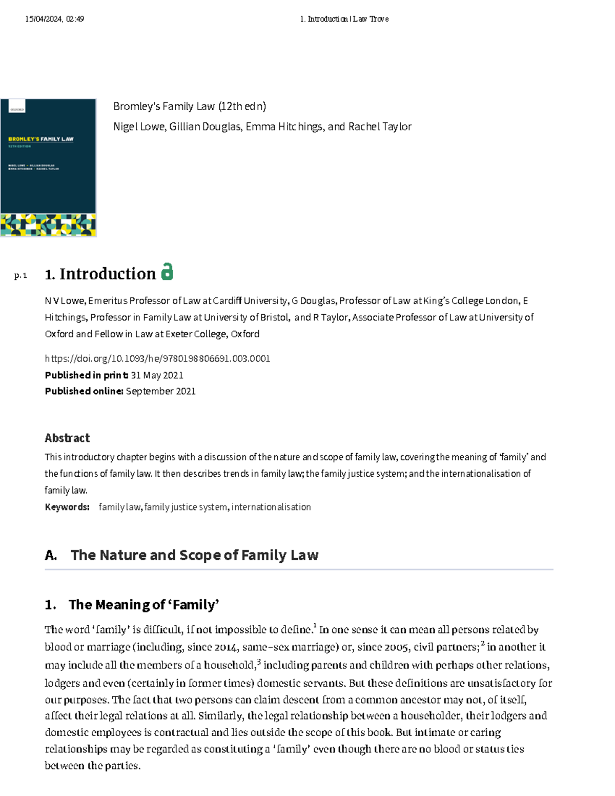 1. Introduction Law Trove - Bromley's Family Law ( 12 th edn) Nigel ...