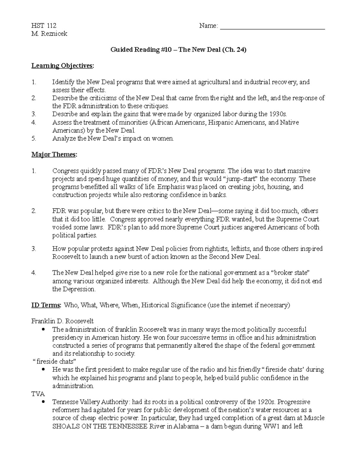 HST 112 - GR #10 - The New Deal (Ch 24) - HST 112 M. Reznicek Name ...