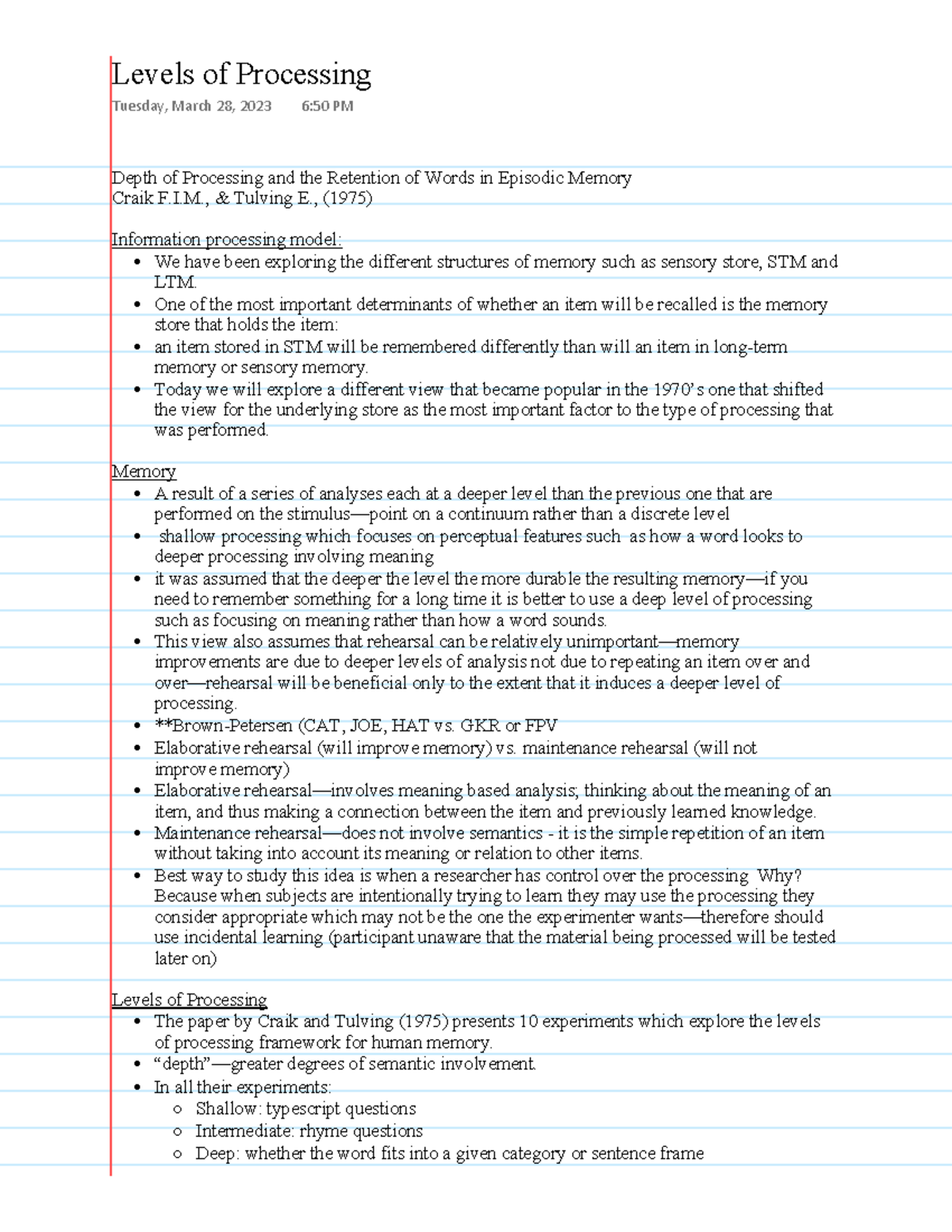 Psych 313-Levels of Processing - Depth of Processing and the Retention ...