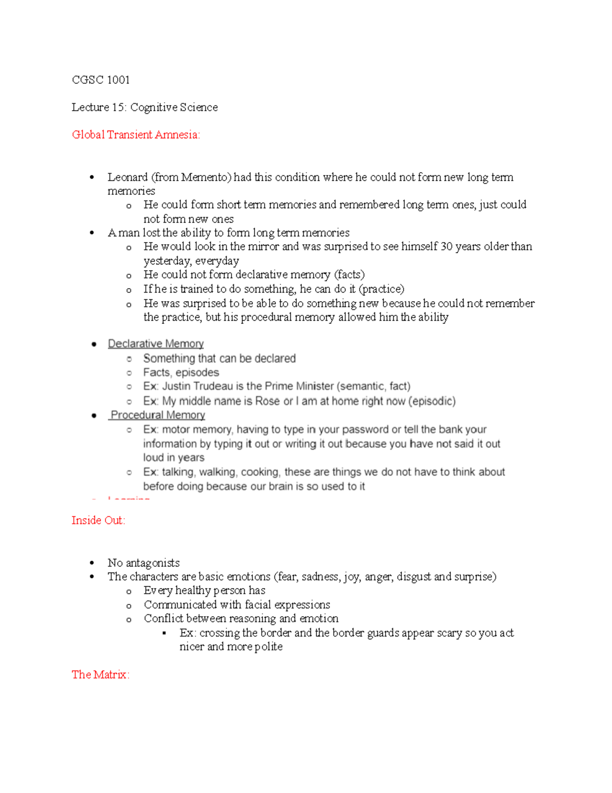 Cgsc 1001 Lecture 15 Notes Cgsc 1001 Lecture 15 Cognitive Science Global Transient Amnesia