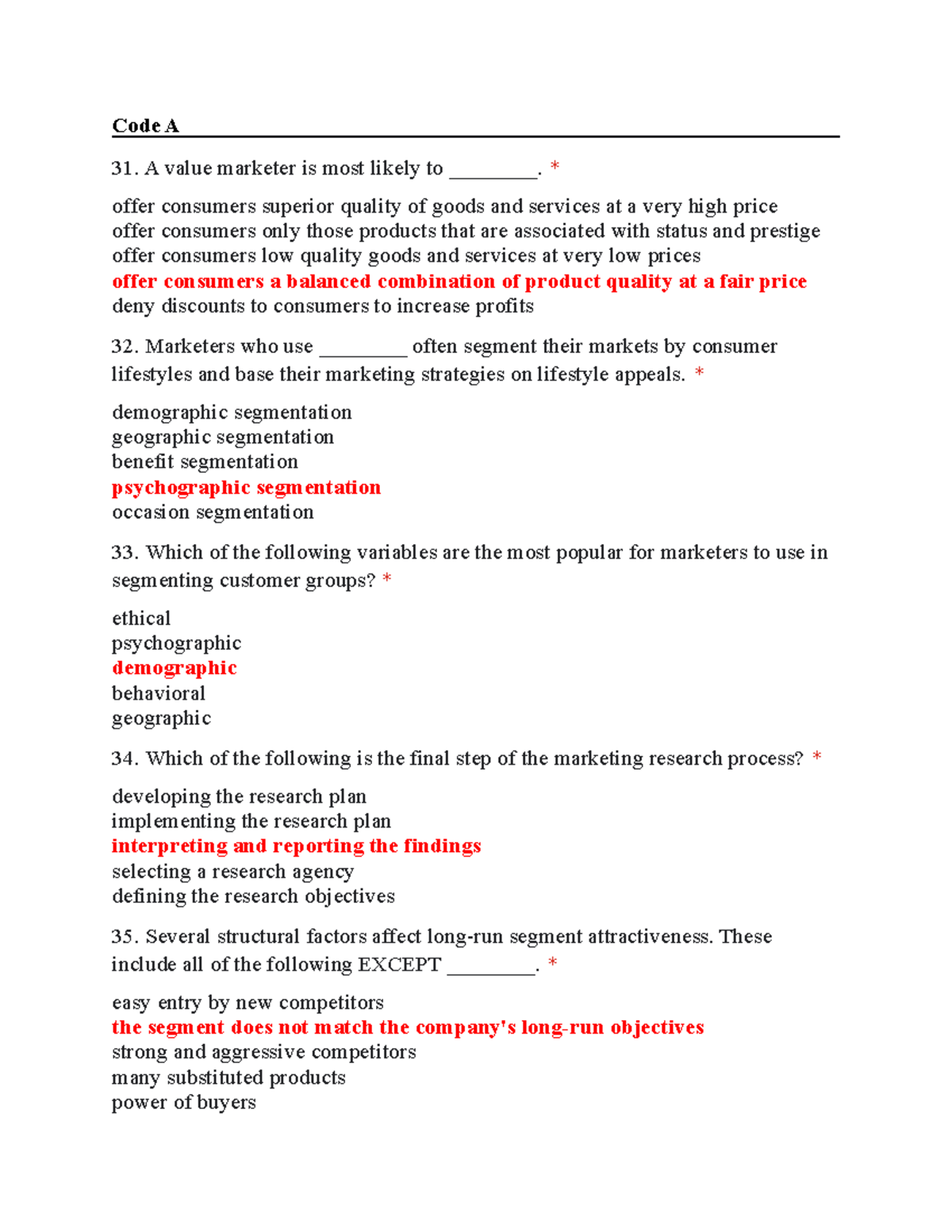 Code A - Principles of marketing - Code A A value marketer is most ...