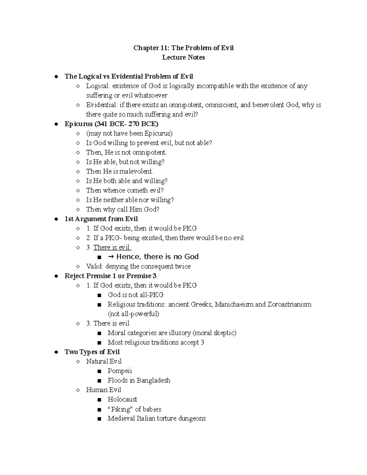 2020-PHIL 101-lecture notes 11 - Chapter 11: The Problem of Evil ...