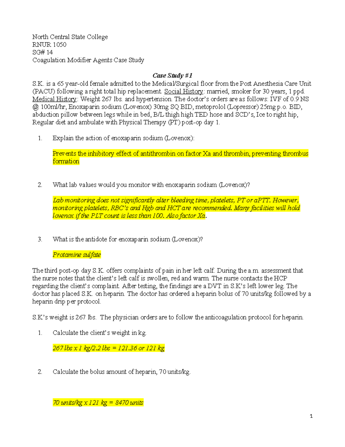 Coagulation Modifiers Case study KEY - North Central State College RNUR ...