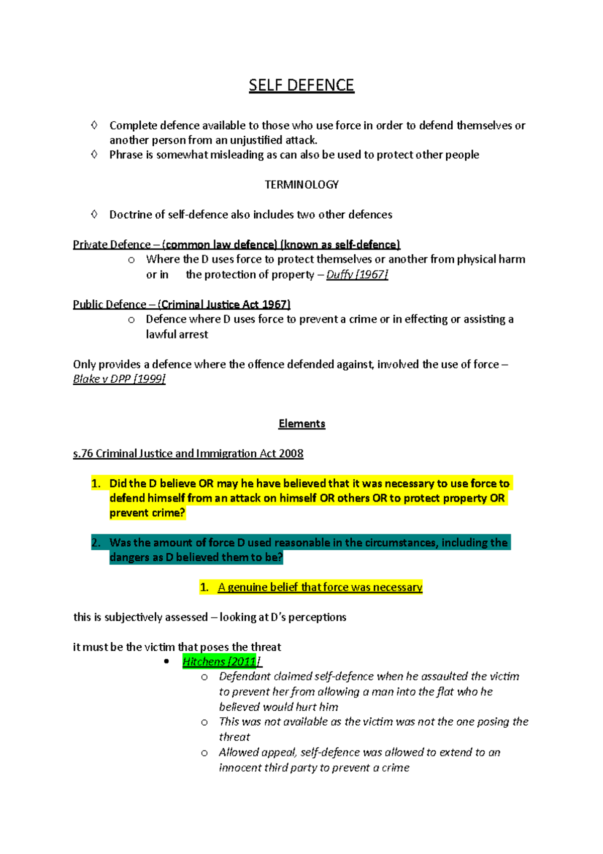 Self Defence - lecture and reading notes - SELF DEFENCE Complete ...