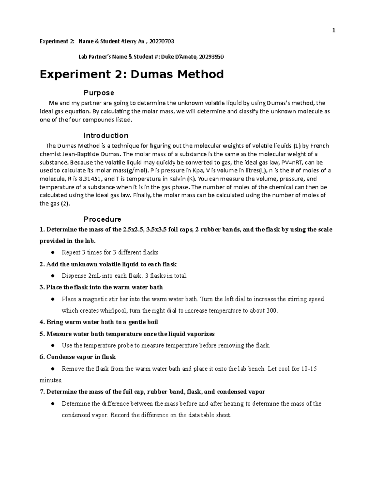 Dumas Method lab report for 1st year general chem - Experiment 2: Name ...