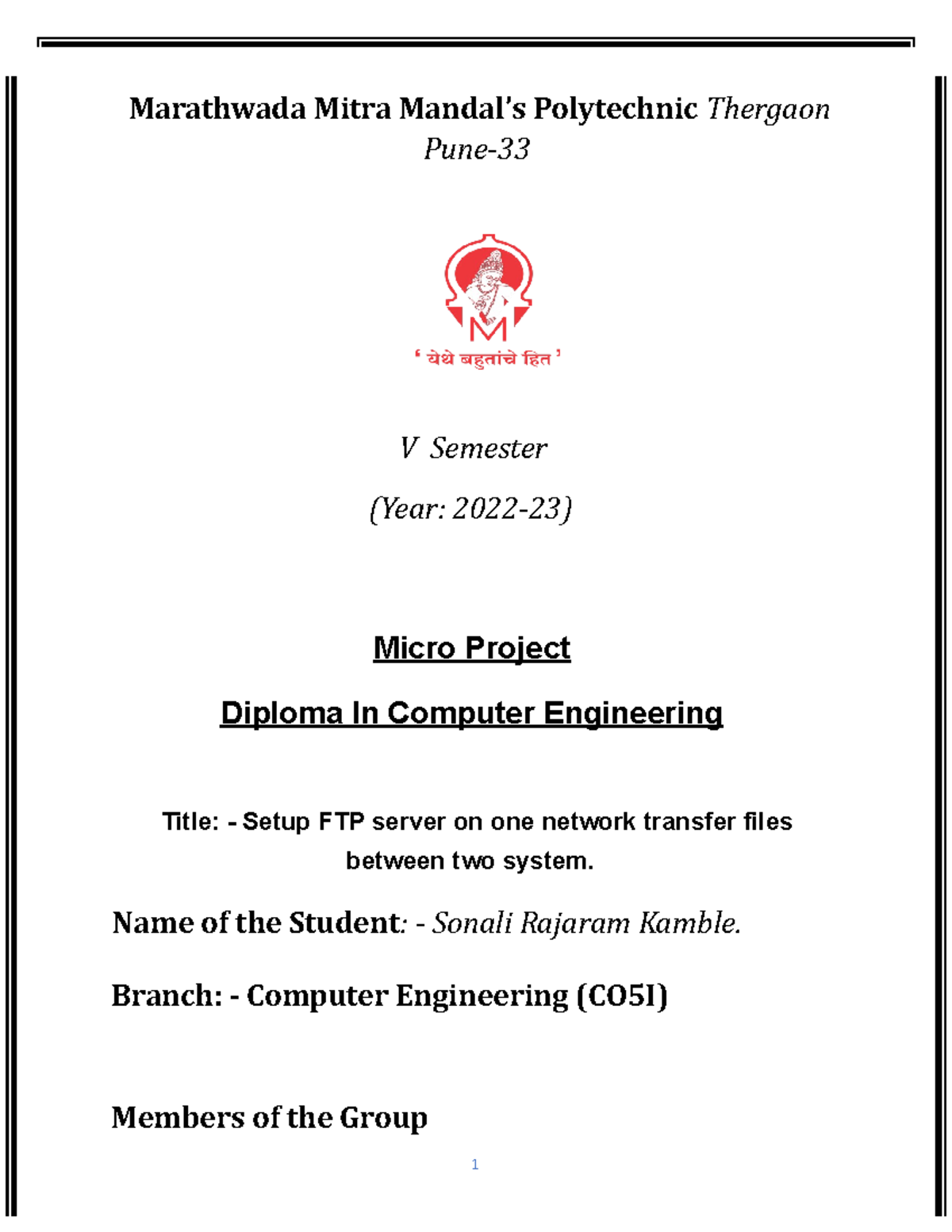 Sona Acn Micro Project - GOOD - Marathwada Mitra Mandal’s Polytechnic ...